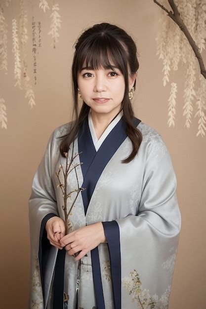 Premium Ai Image A Woman In A Grey Kimono With The Word Love On The
