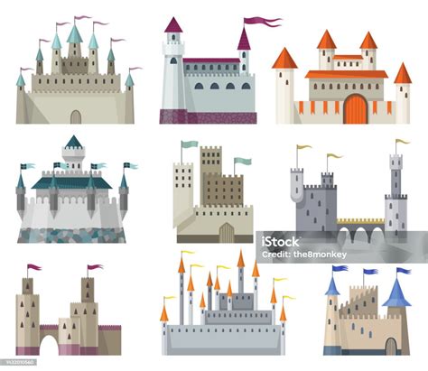 중세 왕국 성 중세 역사 시대의 동화 같은 건물 벡터 건물 외관 디자인 로얄 포트리스 성 건축물에 대한 스톡 벡터 아트 및 기타 이미지 성 건축물 왕국 일러스트레이션