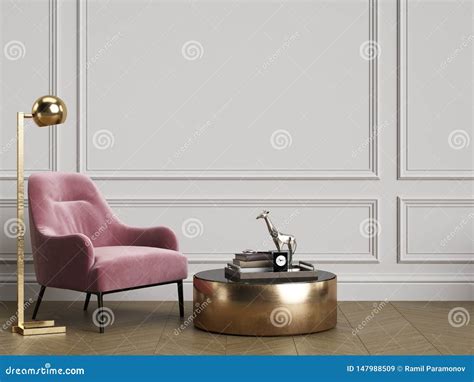 Cassic Interior Con La Butaca Y La L Mpara De Pie Rosadas Stock De