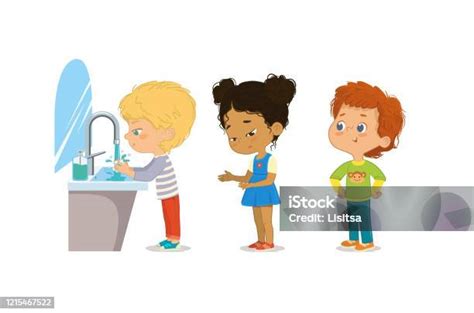 위생 아이들은 손을 씻고 있습니다 세면대에 서있는 아이들의 관점 학교 소녀 과 소년 기다리는 에 세척 아이에 대한 스톡 벡터