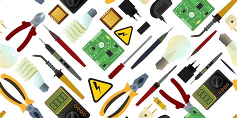 전기 기술자를위한 도구 무선 전자 및 마이크로 프로세서 장비의 수리 예비 부품 구성 요소 및 서비스 흰색 배경에 고립되어 있습니다 원활한 패턴 벡터 전기공에 대한 스톡 벡터