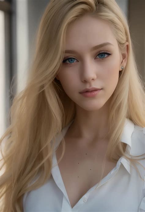 A Close Up Of A Woman With Long Blonde Hair Wearing A White Shirt