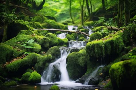 Waterfall Flows Through Lush Green Jungle Background Picture Of