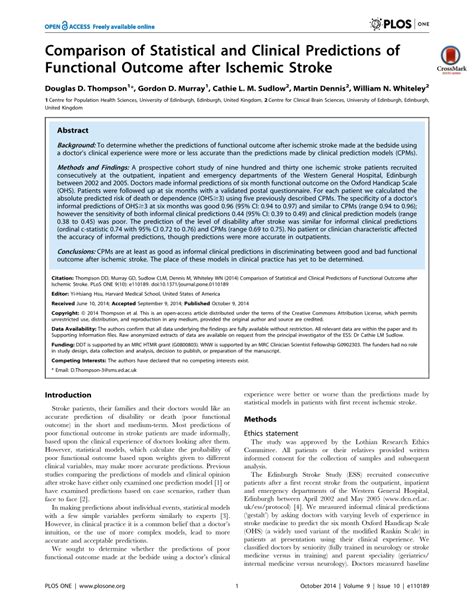 Pdf Comparison Of Statistical And Clinical Predictions Of Functional Outcome After Ischemic Stroke