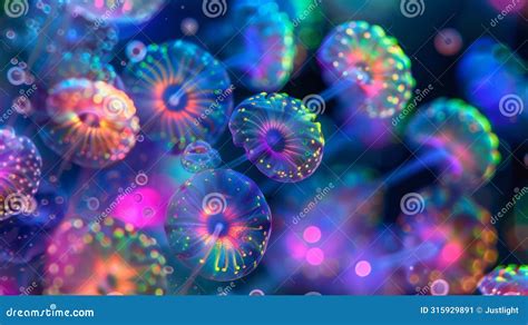Colorful Microscopic Image Of A Group Of Dinoflagellates A Type Of