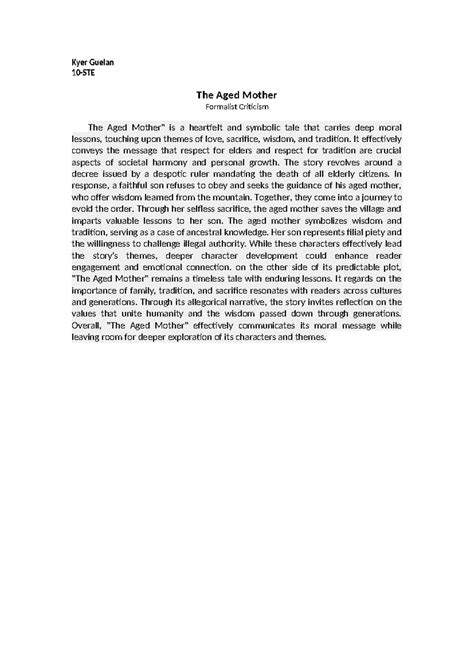 Aged Mother Formalist Criticism Kyer Guelan 10 Ste The Aged Mother