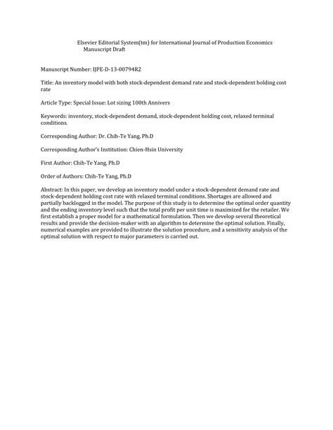 Pdf An Inventory Model With Both Stock Dependent Demand Rate And Stock Dependent Holding Cost Rate