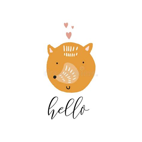 Vector Fox Face With Phrase Hello Cute Hand Drawn Illustration Stock Illustration