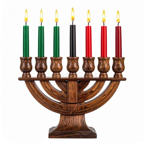 Kwanzaa Kinara With Lit Candles In Red Green And Black On White