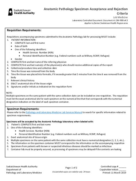Fillable Online Pathology Sample Acceptance And Rejection Protocol Fax