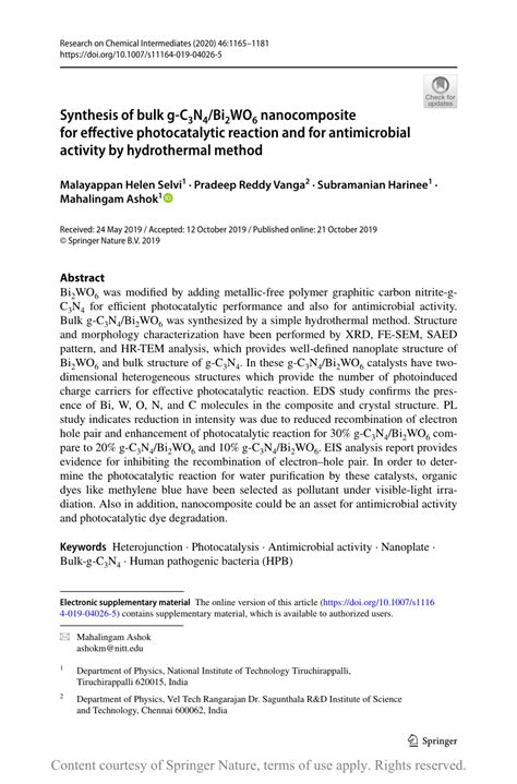 Synthesis Of Bulk G C3n4bi2wo6 Nanocomposite For Effective