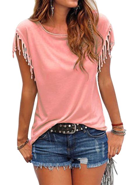 Women Summer Short Sleeve Tassel Casual Tops Blouses Solid T Shirt Bodycon Scoop Neck Shirt S