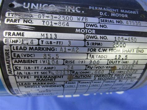 Permanent Magnet Dc Servo Motor Unico 701 864 14hp 2500rpm 855vdc 12