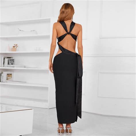 Black Halter Side Cut Out Backless Bandage Dresses Vampal Dresses
