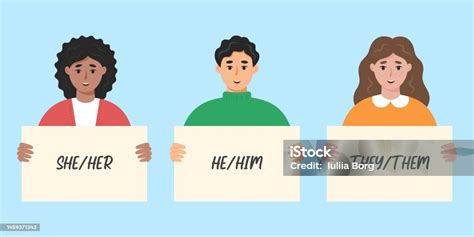 다른 성별 대명사가있는 표지판을 들고있는 사람들 그녀 그 그들 논바이너리 사람 대명사에 대한 스톡 벡터 아트 및 기타 이미지