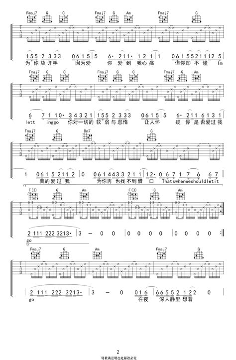 Letting Go吉他谱 蔡健雅 C调原版精选 图片谱 曲谱热