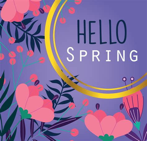 Hello Spring Lettering Beautiful Flowers Leaves Purple Background