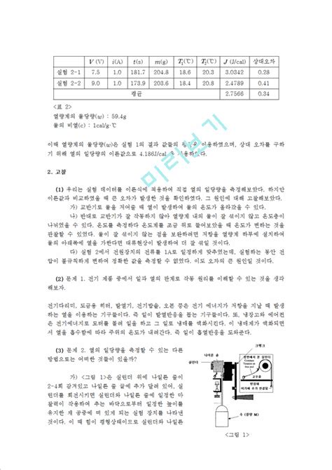 물리학실험 레포트 보고서 열의 일당량 측정물리화학실험과제