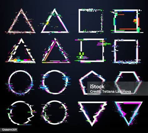 글리치 화이트 프레임 왜곡 된 원 사각형 및 삼각형 및 다각형 모양 Tv 왜곡 형상 그림 글리치 이미지 기법에 대한 스톡 벡터 아트 및 기타 이미지 Istock