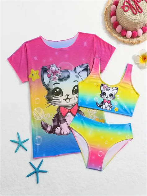 Graphic Swimwear Set Girls Gradient Color Cute Kitty Graphic Temu