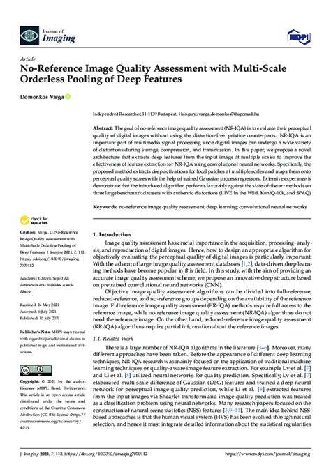 Pdf No Reference Image Quality Assessment With Multi Scale Orderless Pooling Of Deep Features