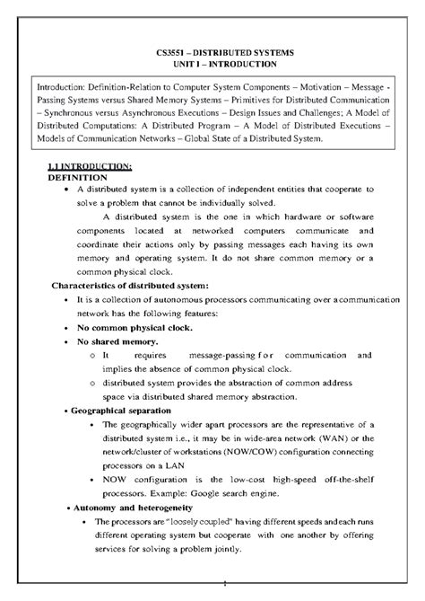 Unit 1 1 Distributed Computing Notes 2021 Regulation Cs3551 Distributed Systems Unit I