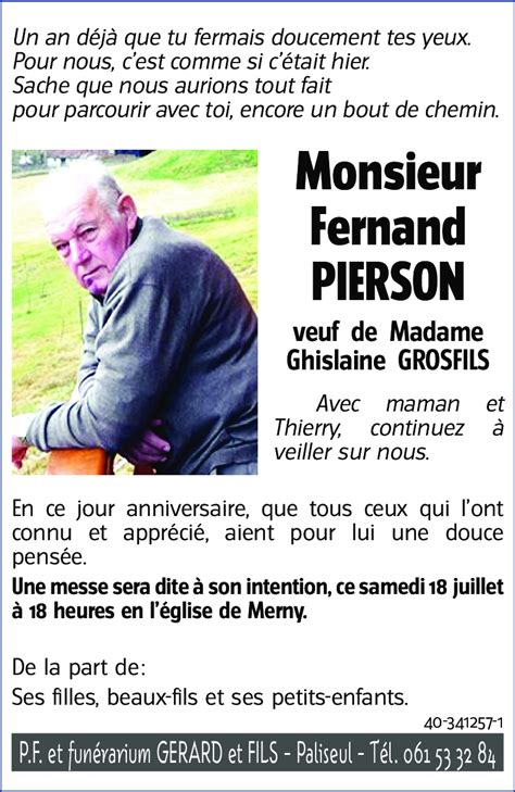 Avis De Décès De Fernand Pierson Décédé Le 19072019 à Bouillon