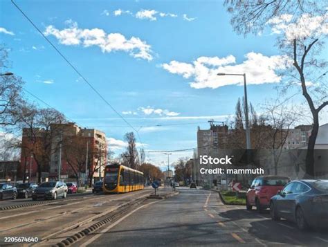 부다페스트의 도시 교통 밝은 하늘을 배경으로 나무와 건물이있는 도시 거리의 트램과 자동차 0명에 대한 스톡 사진 및 기타 이미지 Istock