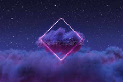 3D Rendering Of Neon Rotated Square Shape Above Fluffy Clouds Stock