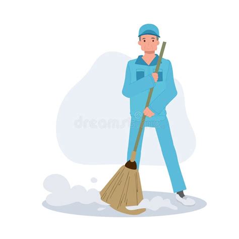 Cartoon Male Janitor In Blue Uniform Sweeping Floor With Broom