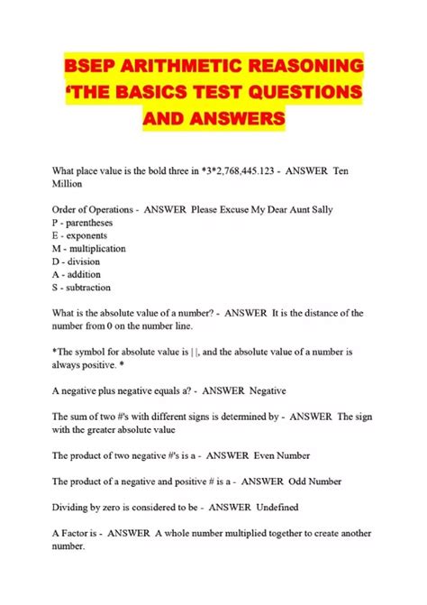 Bsep Arithmetic Reasoning ‘the Basics Test Questions And Answers Bsep