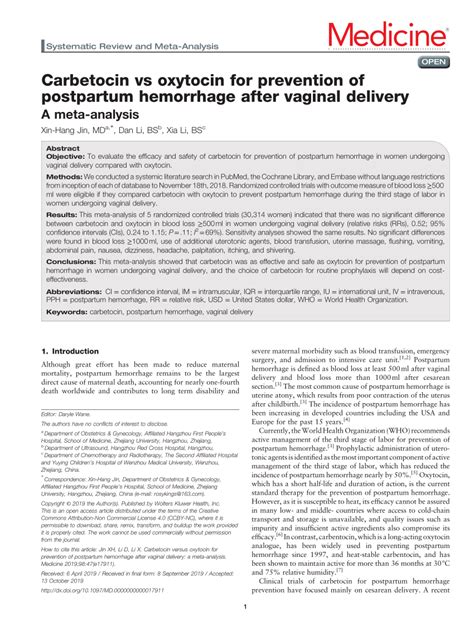Pdf Carbetocin Vs Oxytocin For Prevention Of Postpartum Hemorrhage After Vaginal Delivery A