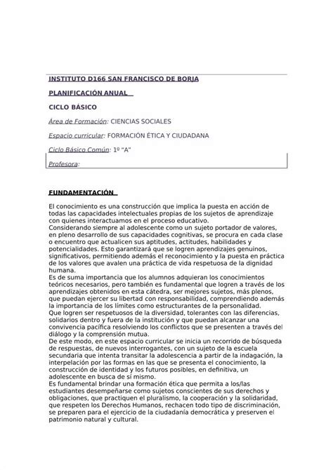 PDF Planificación Anual Formacion Etica y Ciudadana Ejemplo