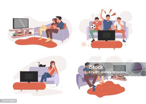 젊은 부부는 함께 Tv를 시청합니다 Tv로 경기 생중계를 시청하는 팬들 Tv를 보고 부모 커플과 소녀 젊은 여성이 Tv를 시청