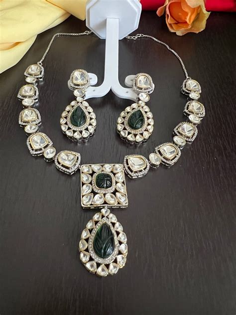 Polki Kundanad Stones Green Carved Stone Silver Gold Polish