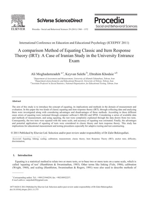 Pdf A Comparison Method Of Equating Classic And Item Response Theory