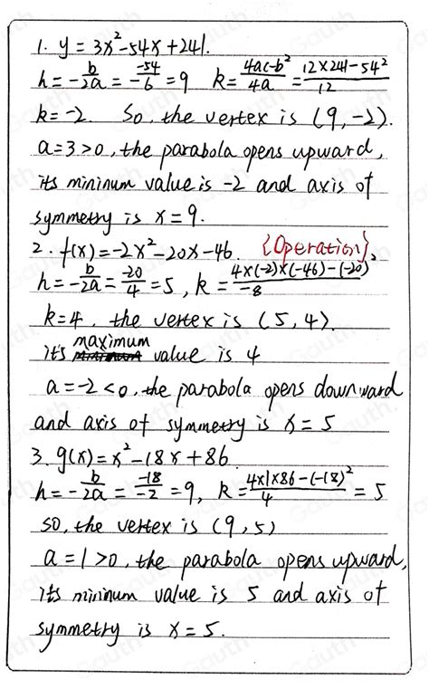 Solved Identify The Vertex Opening Axis Of Symmetry And Minimum