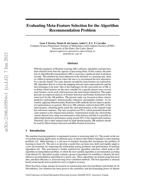 Pdf Evaluating Meta Feature Selection For The Algorithm Recommendation Problem