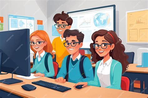 Premium Photo Geek Boy And Two Happy Girls On Computer Lesson In