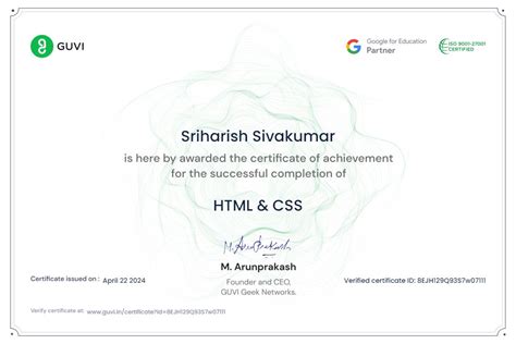 Sriharish Sk On Linkedin Html Css Certification Guvi Webdesign