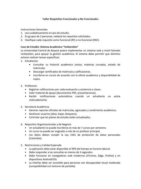 Taller Requisitos Funcionales Nofuncionales Pdf