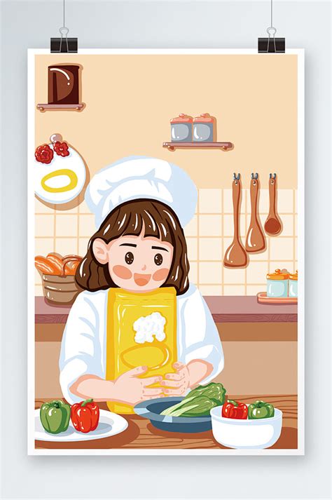唯美美女厨师做饭手绘插画设计 众图网