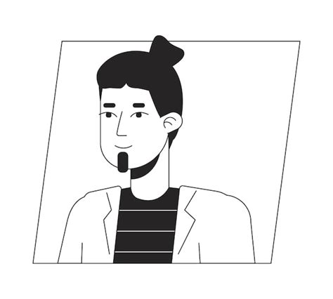 롤빵 헤어스타일과 턱수염이 있는 밀레니얼 남자 검은색 흰색 만화 아바타 아이콘 편집 가능한 2d 문자 사용자 초상화 선형 플랫