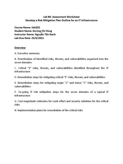 Lab 6 Assessment Worksheet Develop A Risk Mitigation Plan Outline For An It Infrastructure