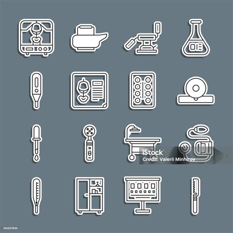 세트 라인 의료용 톱 혈압 이비인후과 머리 반사경 치과 의자 엑스레이 샷 디지털 온도계 기계 및 알약 물집 팩 아이콘 벡터 X 레이에 대한 스톡 벡터 아트 및 기타 이미지