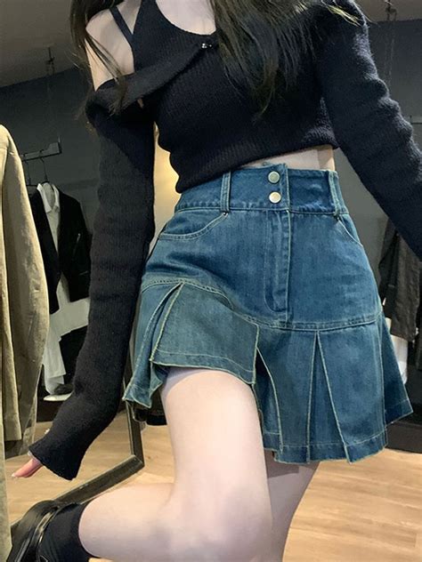 High Waist Pleated Denim Skirt Chtbw