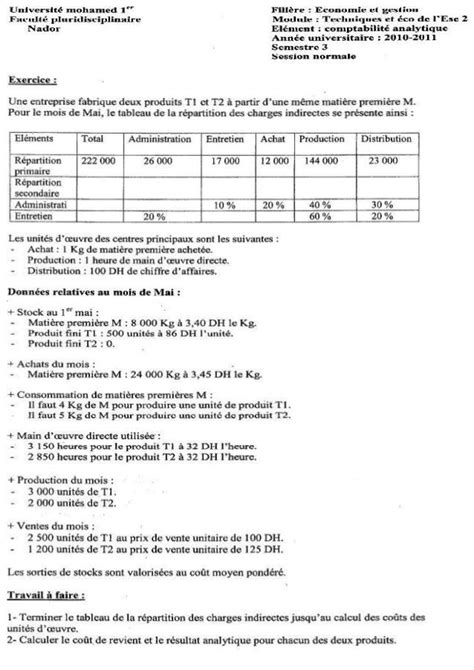 Exercices Corrigés De La Comptabilité Analytique