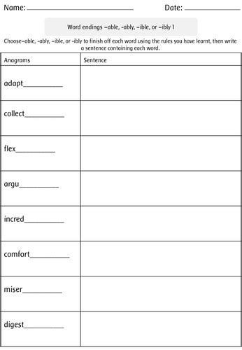 Spag Year 5 And 6 Spelling Word Endings Able Ably Ible And Ibly