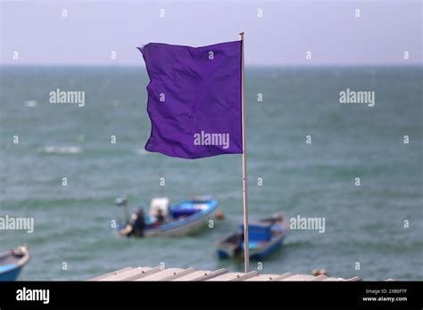 Empty Purple Flag On The Roof Was Waving With The Wind From The Sea