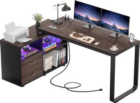 L Shaped Desk With File Cabinet And Power Outlet 55 Inch